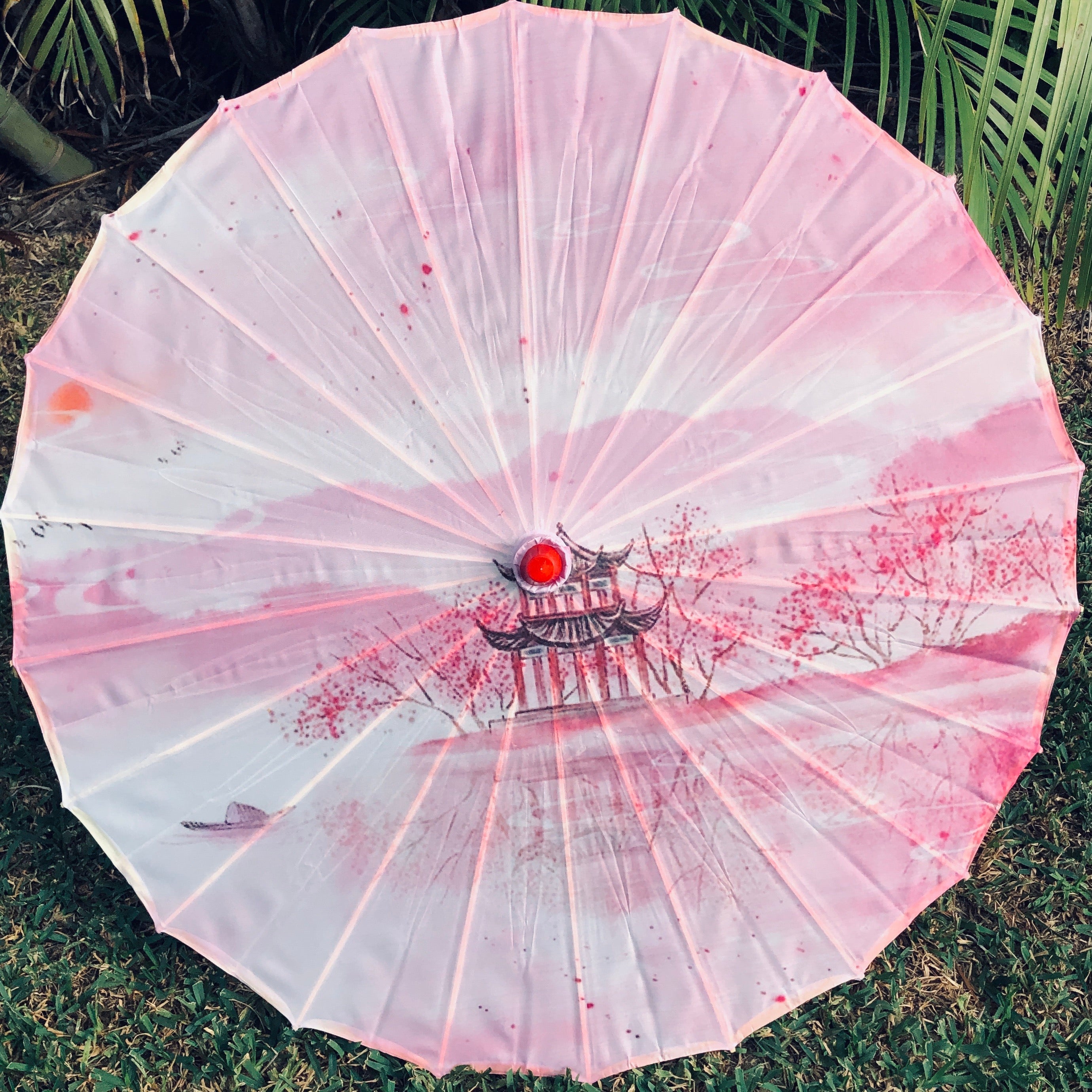 Nylon Parasol - Pink pagoda and cherry blossoms – lanternshop